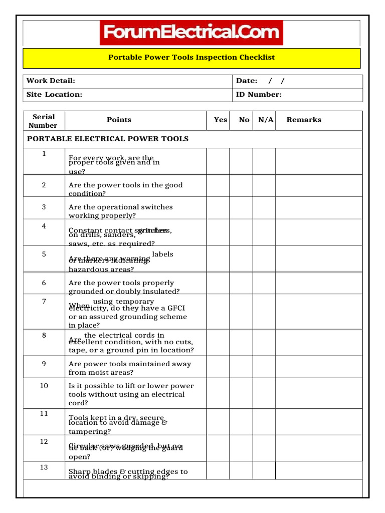 Portable Power Tools Inspection Checklist | PDF | Switch | Manufactured ...