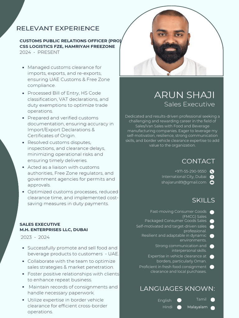 ARUN SHAJI - RESUME[2025 UPDATED] | PDF | Customs | Sales