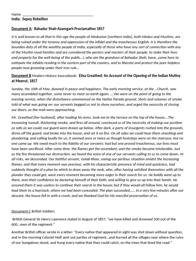 Sepoy Rebellion Primary Sources | PDF | Indian Rebellion Of 1857