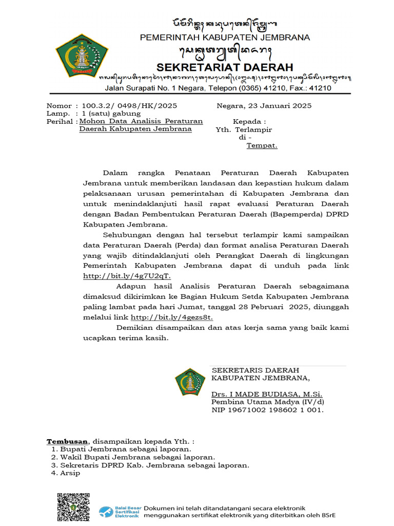 HK Surat Mohon Analisis Perda 2025-1 | PDF