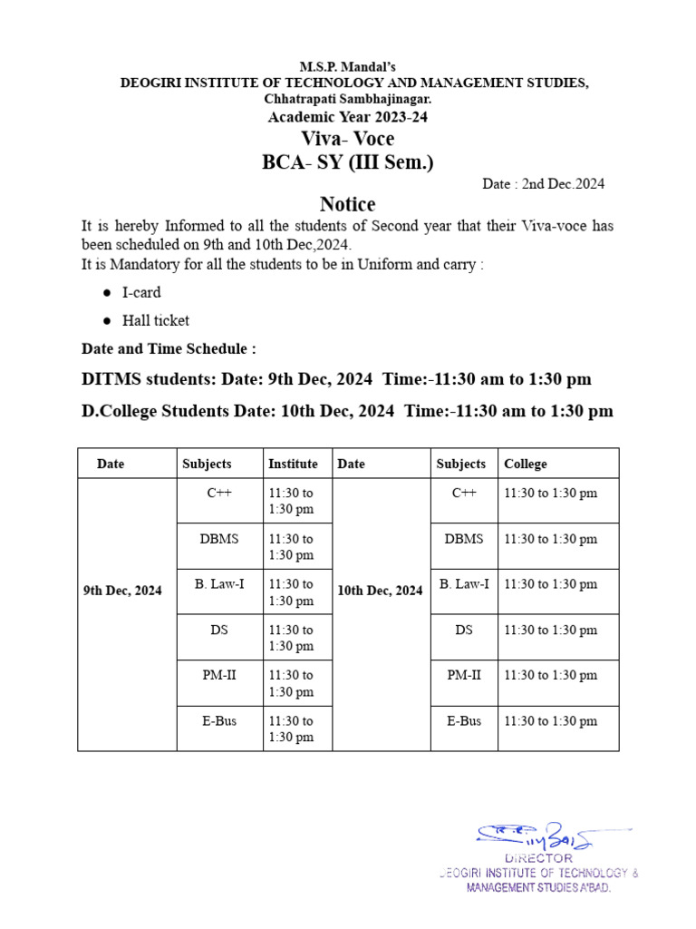 BCA II Year Viva Voce Schedule 2024 | PDF