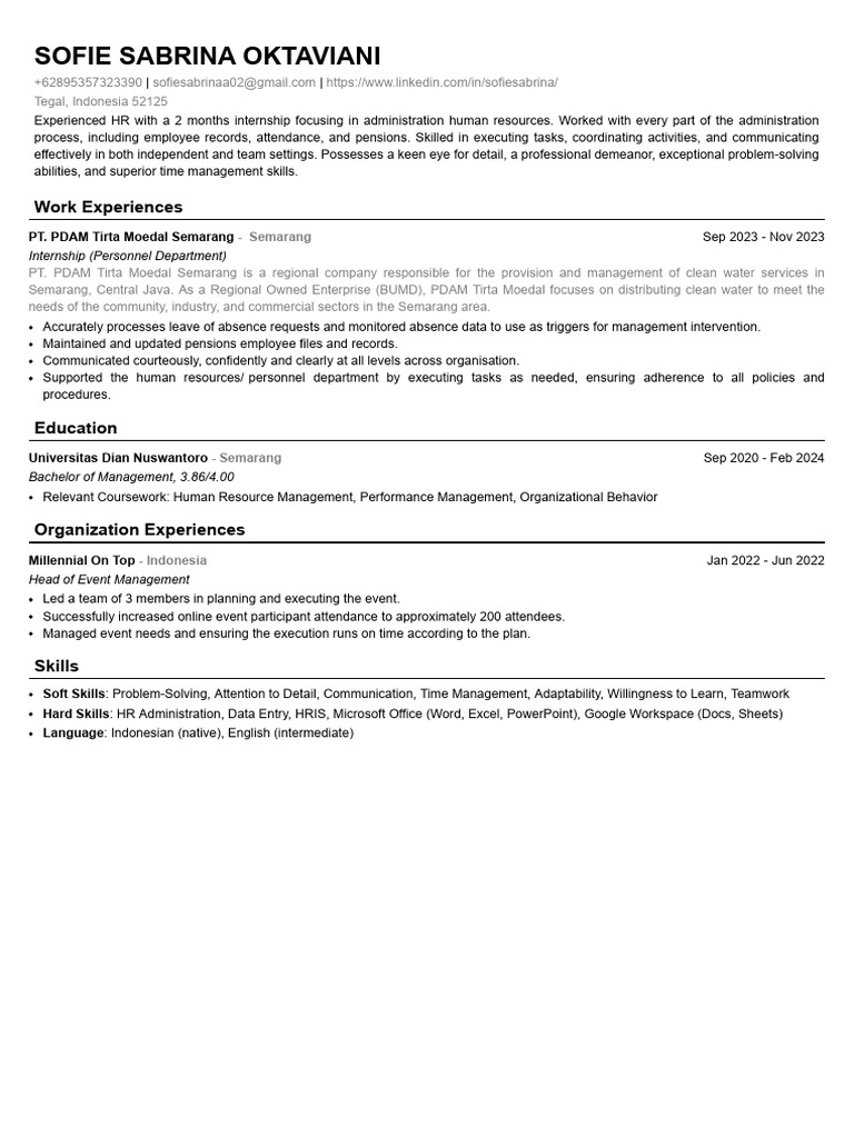 Sofie Sabrina Oktaviani-Resume | PDF | Human Resources | Business