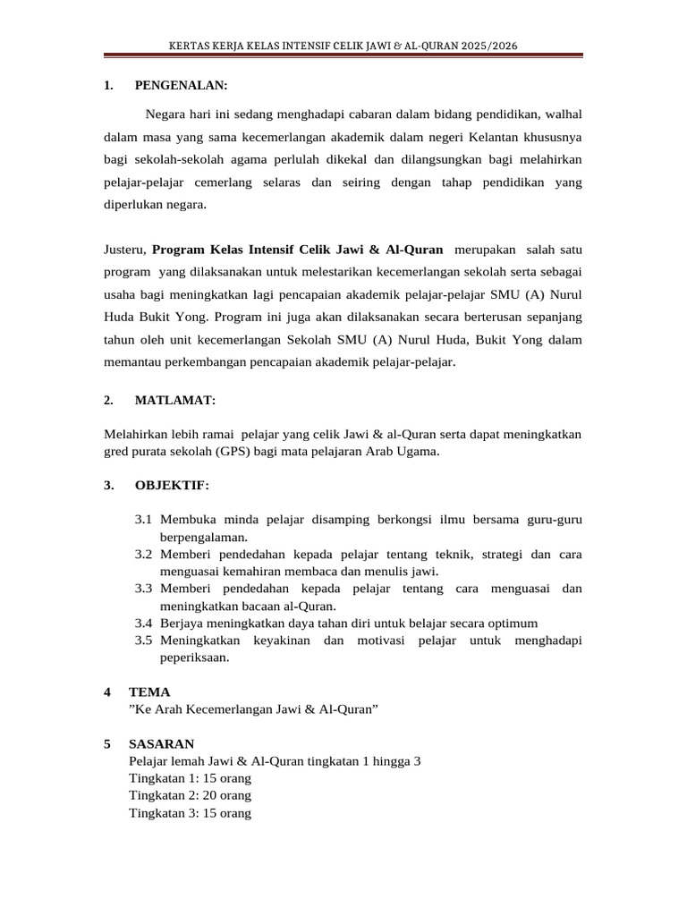 Kertas Kerja Kelas Celik Al Quran Dan Jawi 2025 | PDF