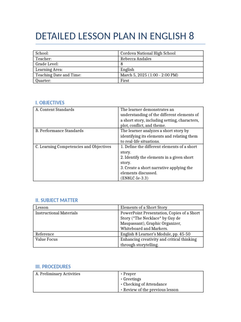English 8 Lesson Plan: Short Story Elements | PDF | Lesson Plan | Learning