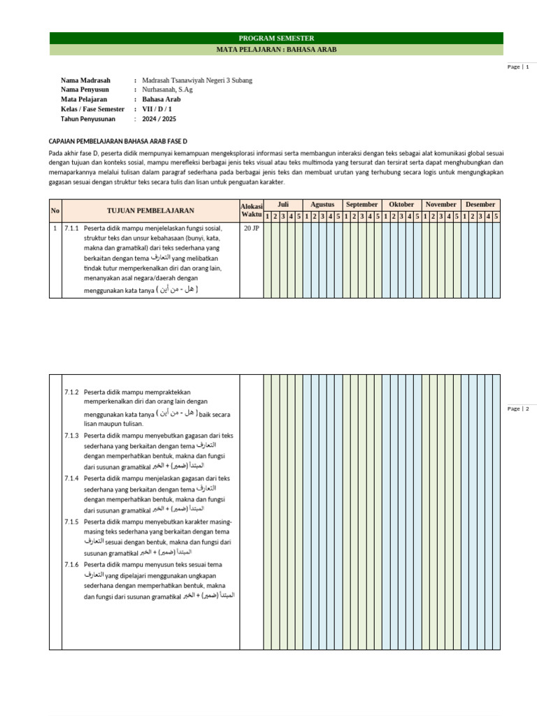 Prosem Bahasa Arab 7 Mts | PDF