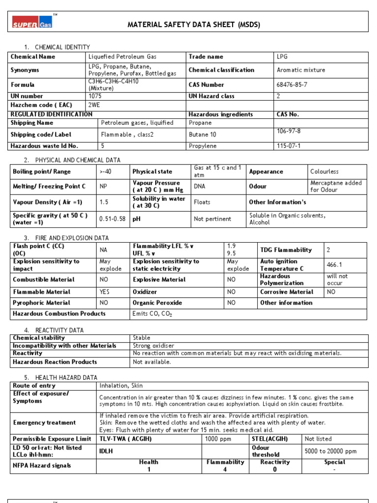 Super Gas - LPG Msds | PDF | Liquefied Petroleum Gas | Propane