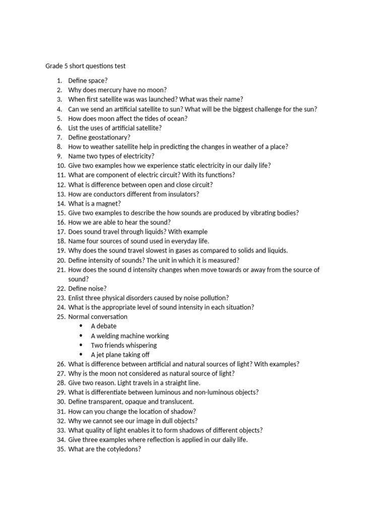 Grade 5 Short Questions Test Sciece | PDF