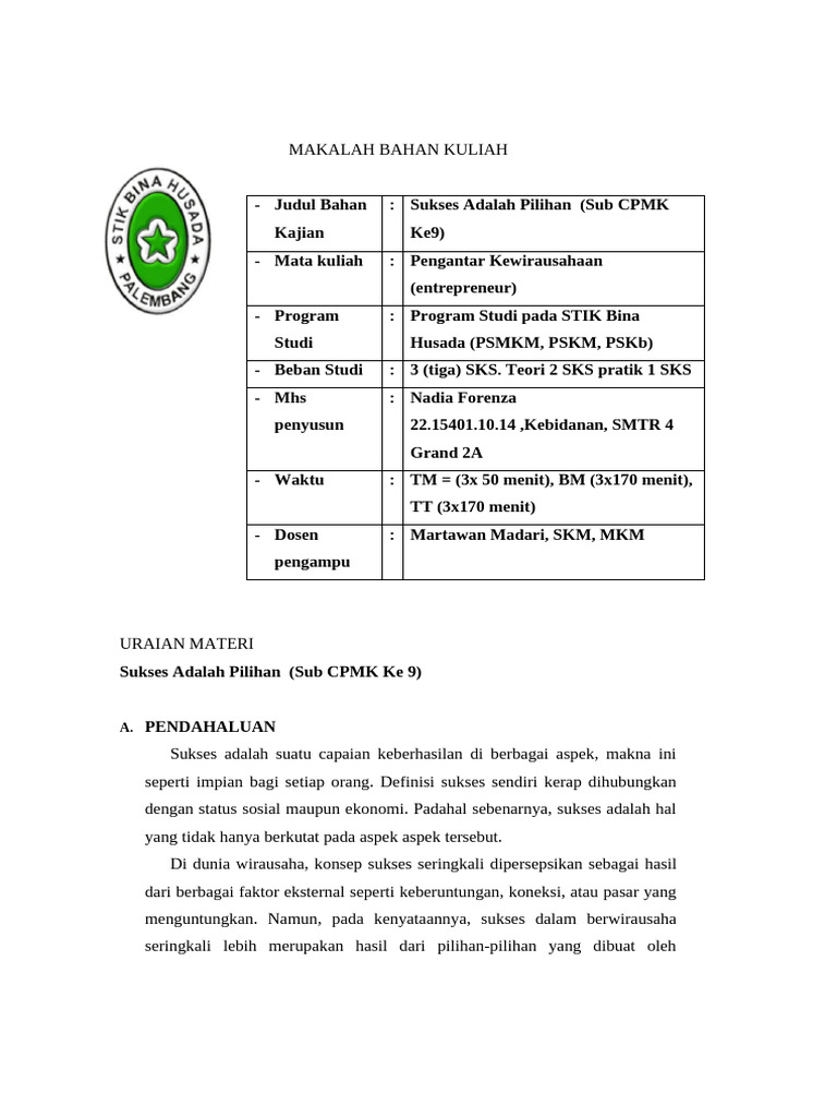 KWH-MKL Sub CPMK KE 9 PSKB Semester 4 Grand 2A Nadia Forenza 22-15401.10.14 | PDF