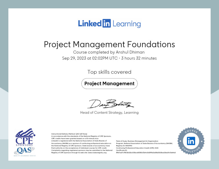 CertificateOfCompletion - Project Management Foundations | PDF