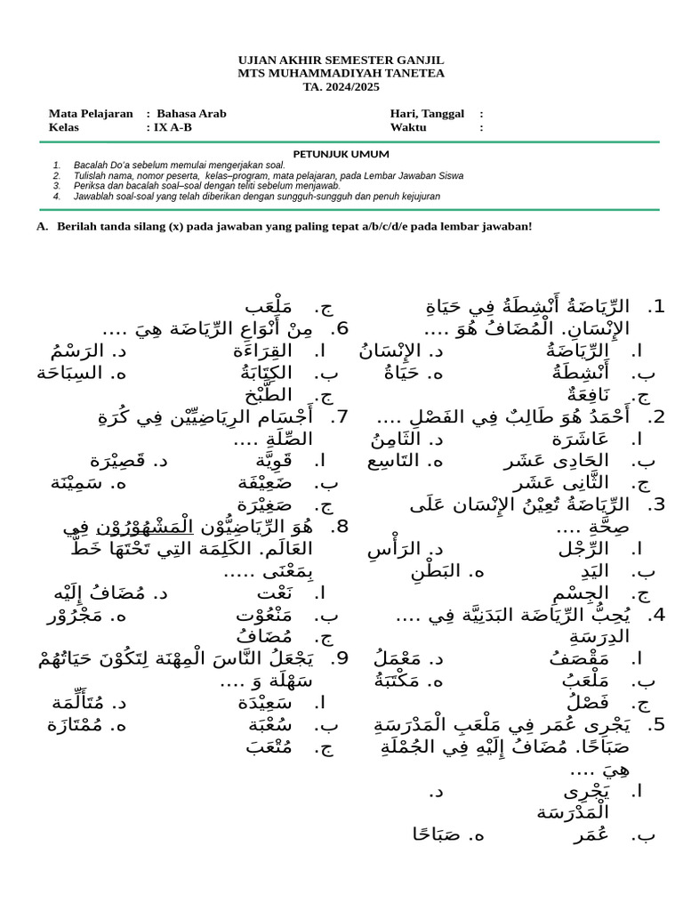 Soal Bahasa Arab Kelas IX | PDF