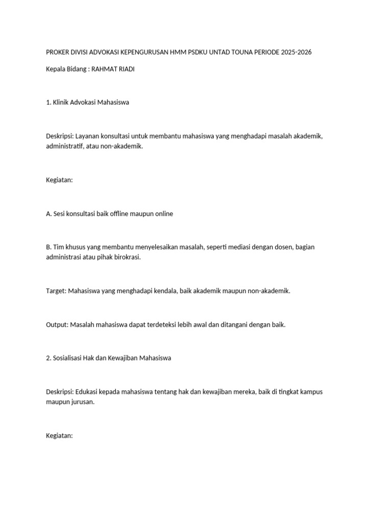 Proker Divisi Advokasi Periode 2025-2026 | PDF