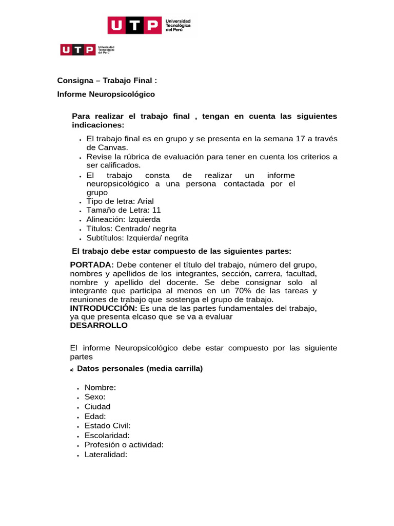 ? (AC-S09) Semana 09 - Consigna - Trabajo Final - InFORME NEUROLOGICO - Neuropsicologia | PDF ...