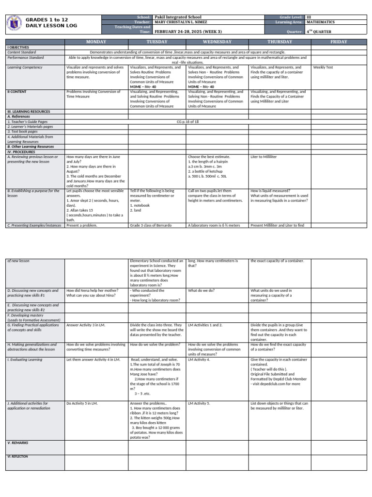 DLL_MATHEMATICS 3_Q4_W3 | PDF | Learning | Differentiated Instruction