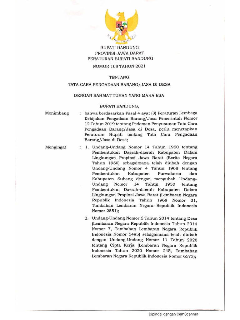 2021, Perbup No 168 Tahun 2021 TTG Pengadaan Barang Dan Jasa | PDF