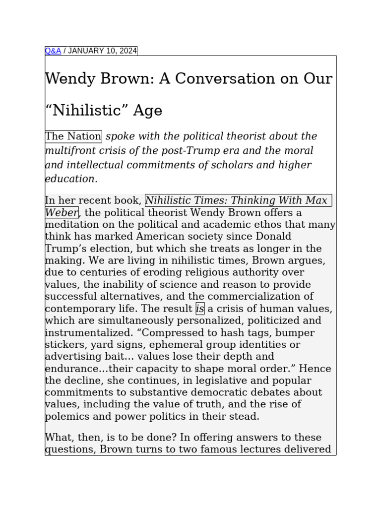 Wendy Brown: A Conversation On Our "Nihilistic" Age: / JANUARY 10, 2024 ...