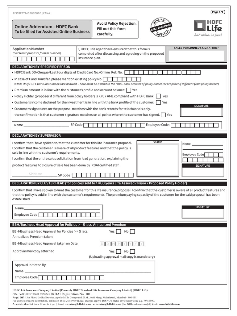 Online Addendum Form Latest | PDF | Banks | Life Insurance