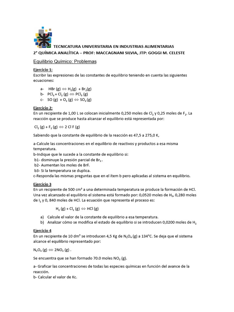 Equilibrio Qu-Mico - Problemas de Revision - 2023 | PDF | Equilibrio químico | Mole (Unidad)