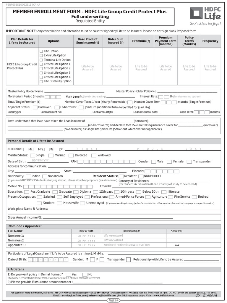 HDFC Life Full Underwriting Form 23 | PDF | Insurance | Loans