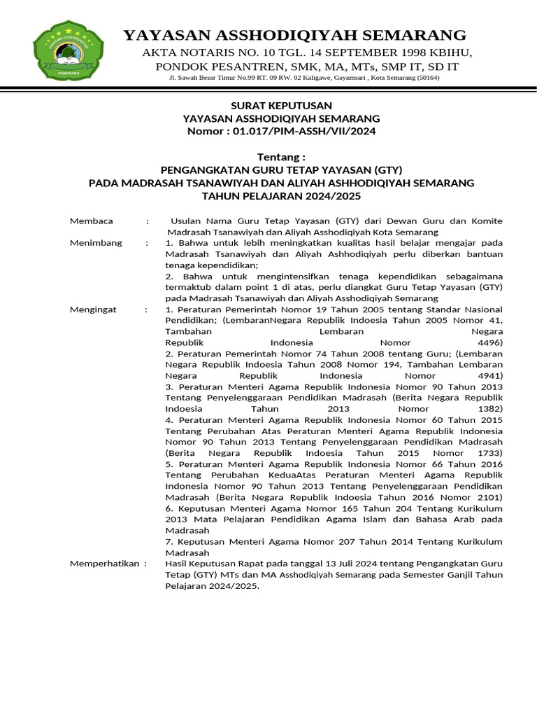 Surat Keputusan (SK) Pengankatan GTY | PDF