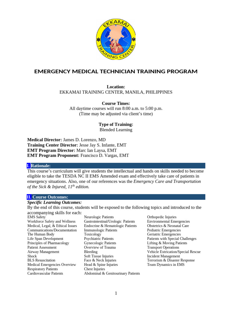 EMT Course Syllabus Overview | PDF | Emergency Medical Technician ...