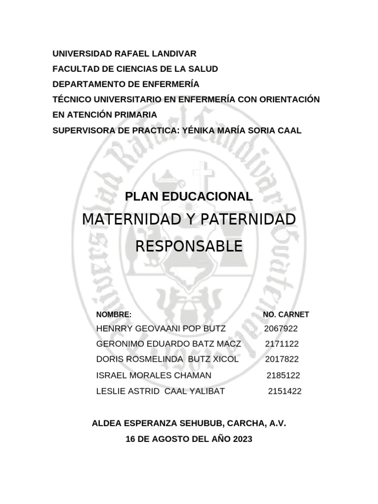 Maternidad Y Paternidad Responsable: Plan Educacional | PDF | Control de la natalidad | Nutrición