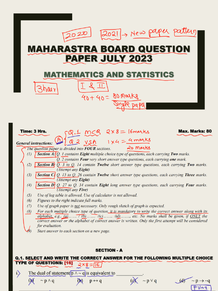 HSC BOARD MATHS QUESTION PAPER JULY 2023 Solution | PDF