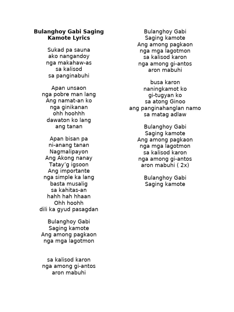 Bulanghoy Gabi Saging Kamote Lyric1 | PDF