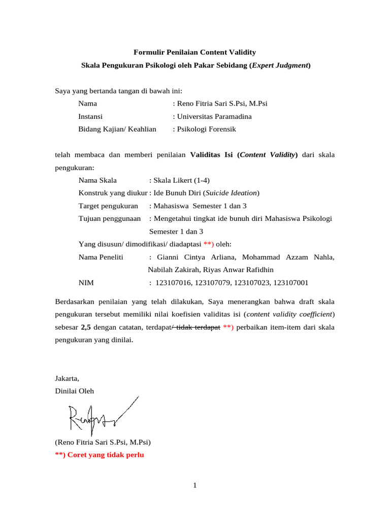 Penilaian Validitas Isi Skala Ide Bunuh Diri | PDF