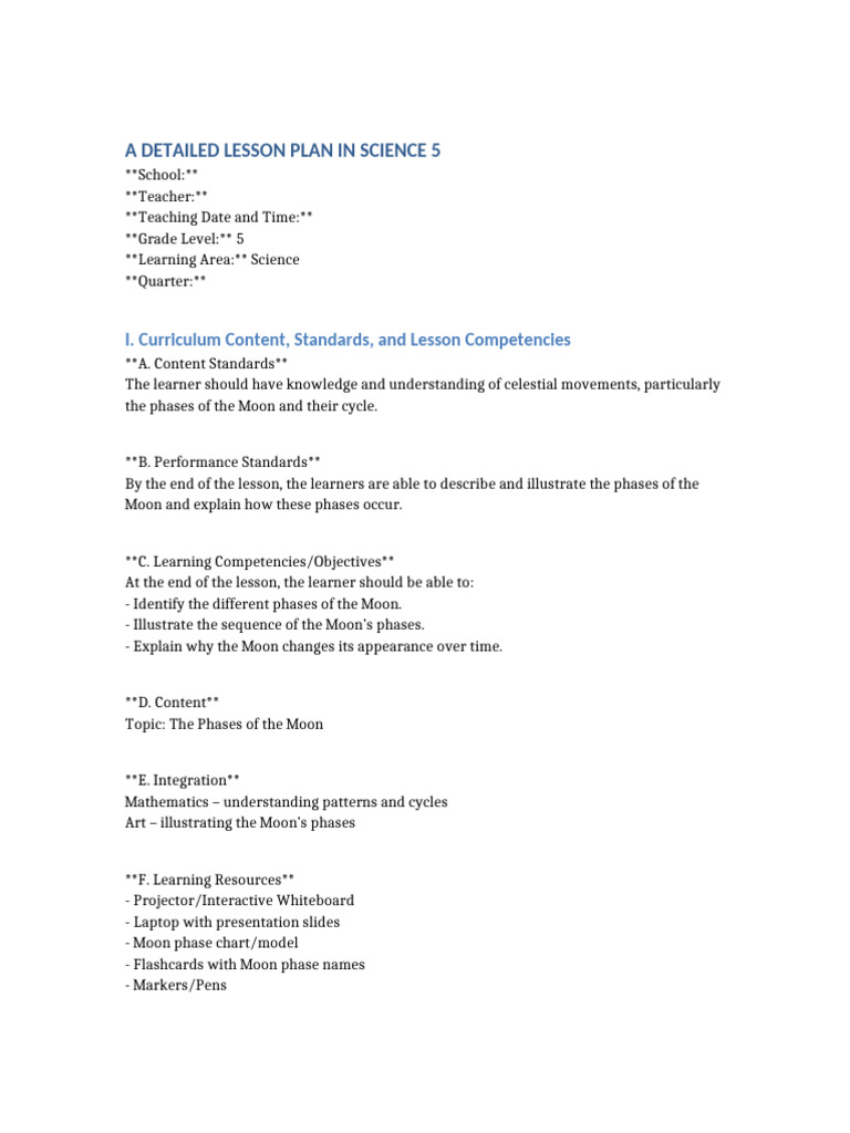 Science Lesson Plan Phases of Moon | PDF | Behavior Modification | Cognition