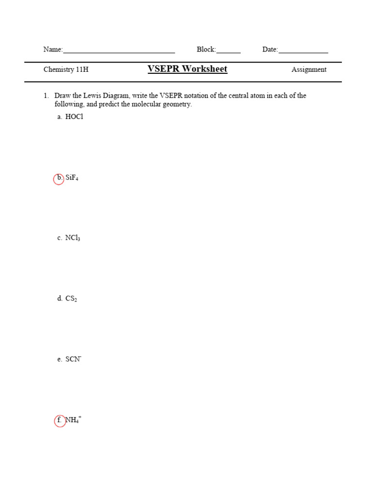 VSEPR Geometry and Lewis Structures Worksheet | PDF