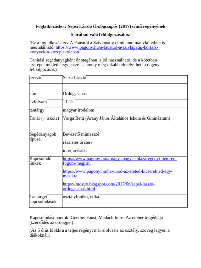 Foglalkozasterv Sepsi Laszlo Ordogcsapas Cimu Regenyehez 11 12evf | PDF