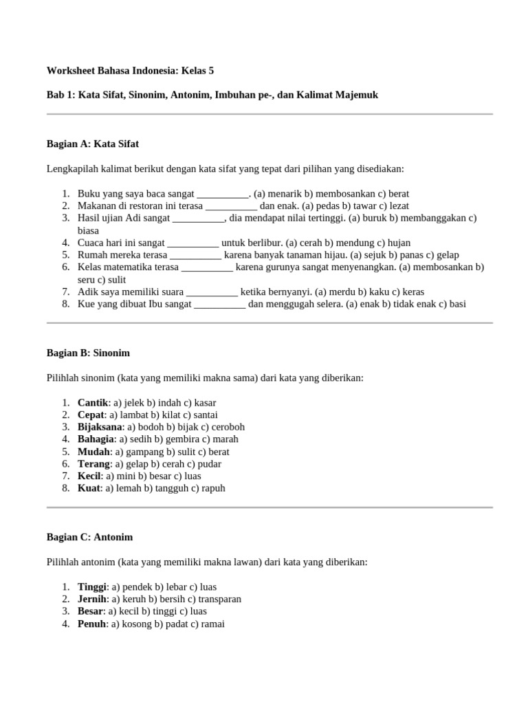 Worksheet Bahasa Indonesia Kelas 5 | PDF