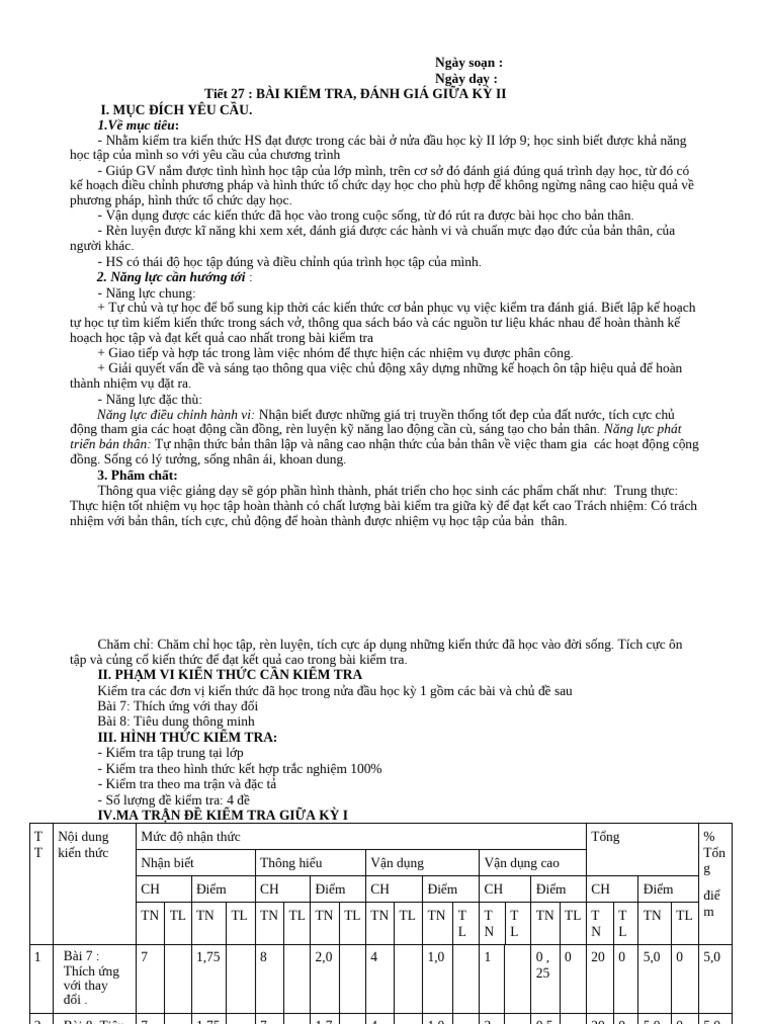 Ma Trận, Đặc Tả, Đề Gk 2 Gdcd 9 | PDF