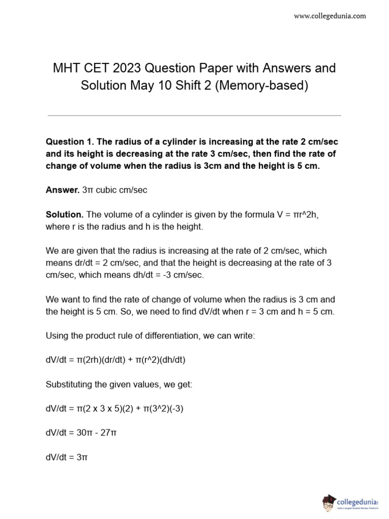 MHT CET 2023 May 10 Shift 2 Solutions | PDF | Intermolecular Force ...