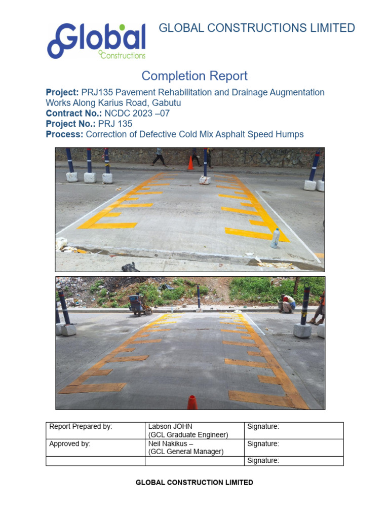 Defect Correction Speed Hump Completion Report | PDF | Concrete | Road