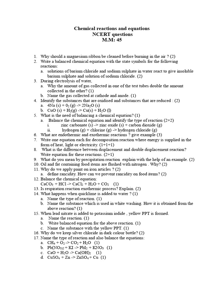 NCERT Chemical Reactions Questions Guide | PDF | Chemical Reactions ...