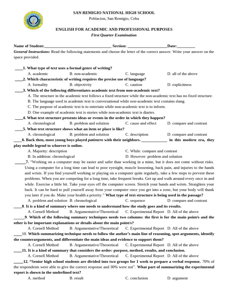 FIRST Quarter Exam in EAPP | PDF
