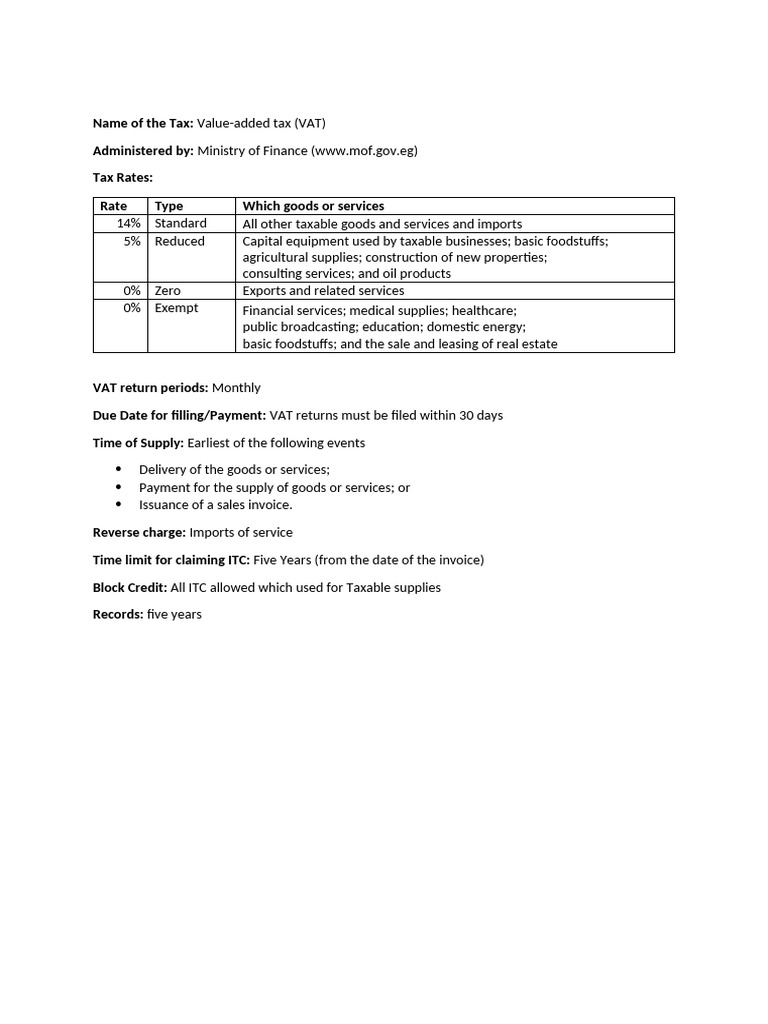 Egyptian VAT Summary | PDF