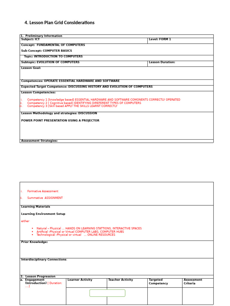 Lesson Plan Grid Considerations | PDF