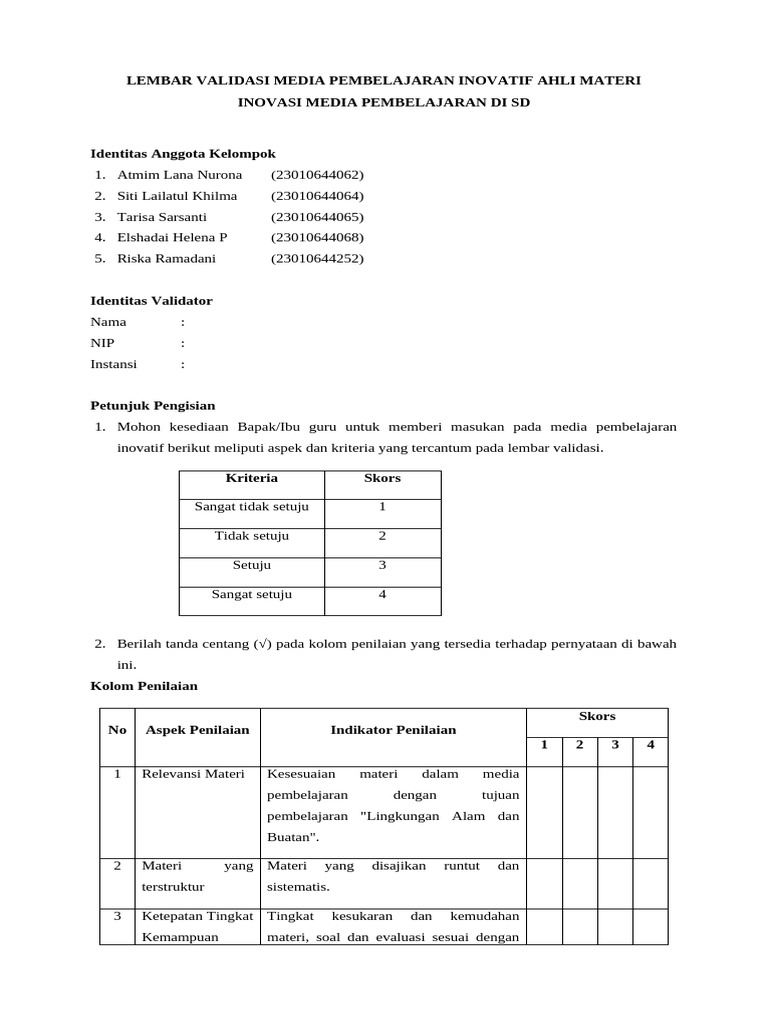 Template Instrumen Validasi Ahli Materi Dan Media | PDF