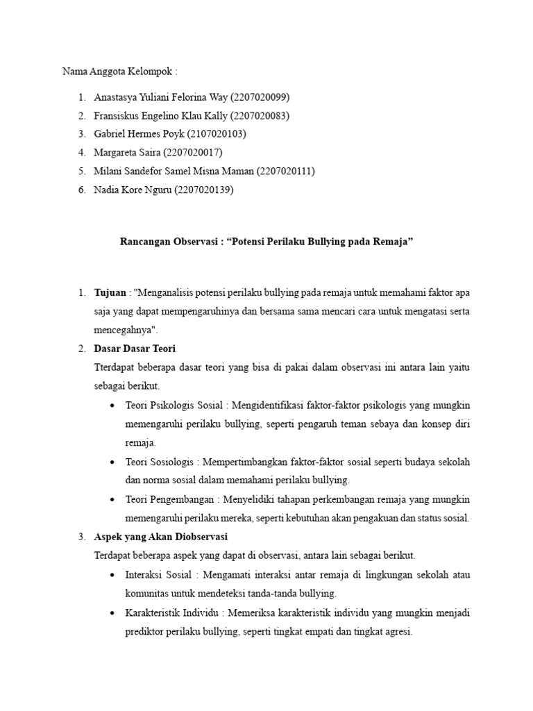 Tugas Observasi Dan Wawancara, Rancangan Observasi, Kelompok 3 | PDF