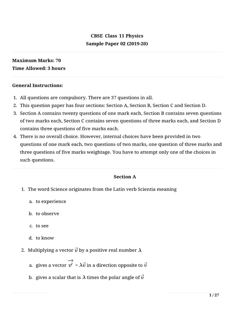Sample Paper 02 (2019-20) | PDF | Acceleration | Waves