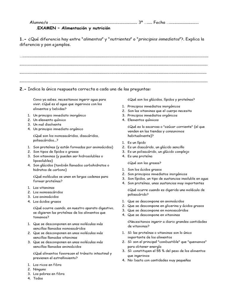 Examen sobre Alimentación y Nutrición | PDF | Carbohidratos | Alimentos