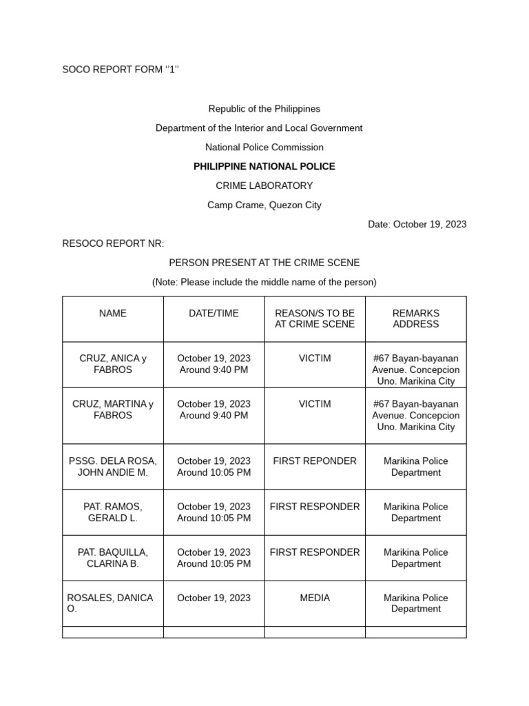 SOCO REPORT FORM | PDF | Crimes | Crime & Violence
