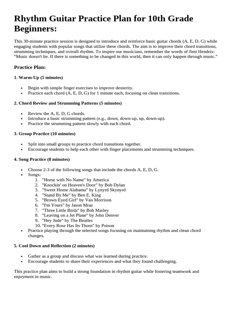 Rhythm Guitar Practice Plan For 10th Grade Beginners | PDF