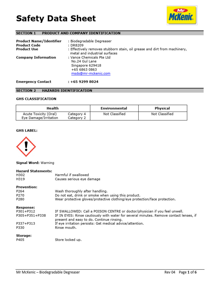 MR Mckenic Degreaser 20LTR MSDS | PDF | Dangerous Goods | Safety