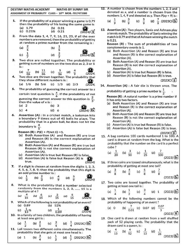 PROBABILITY MCQs | PDF