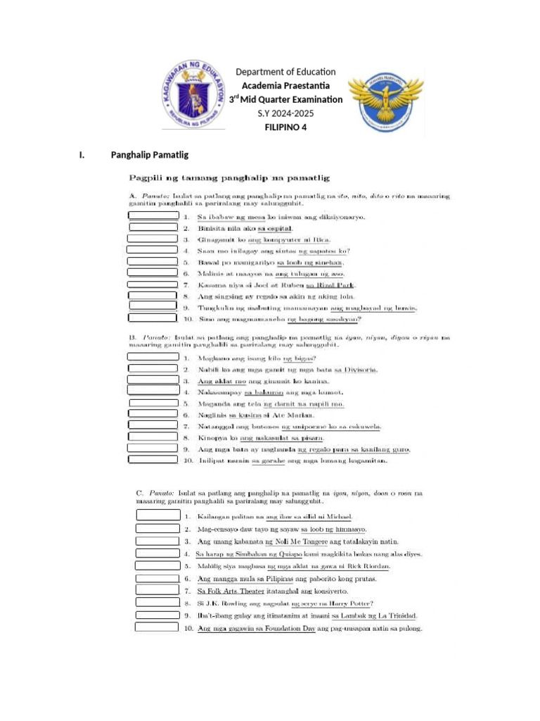 Filipino 4 Mid Quarter Exam S.Y 2024-2025 | PDF