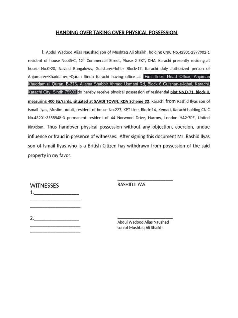 HANDING OVER TAKING OVER PHYSICAL POSSESSION Gulshan-E-Zia | PDF | Karachi