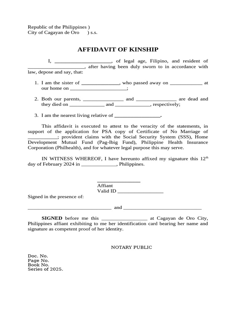 Affidavit of Kinship Template Philippines | PDF